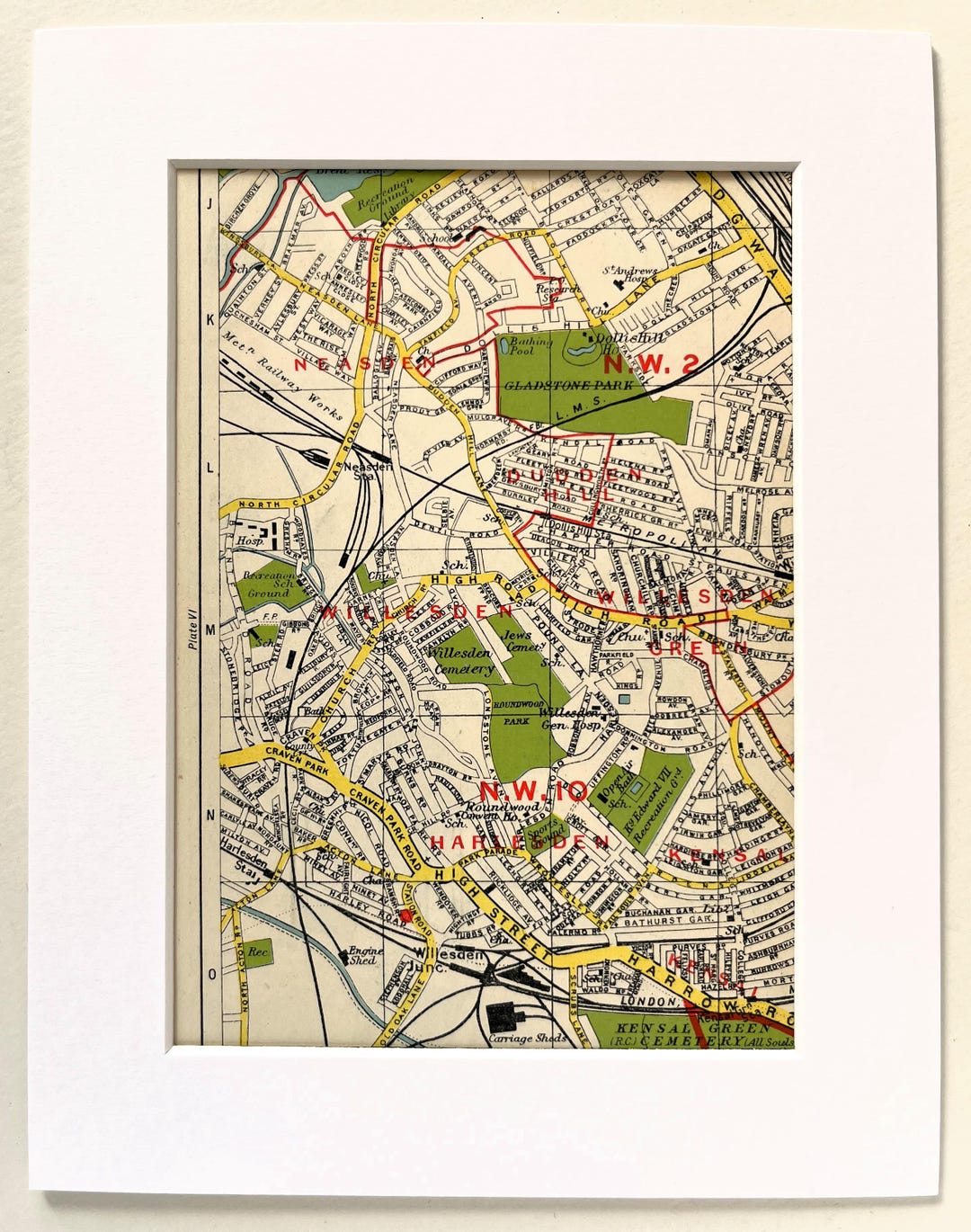 1930s VINTAGE LONDON MAP, North West London, Willesden, Harlesden ...