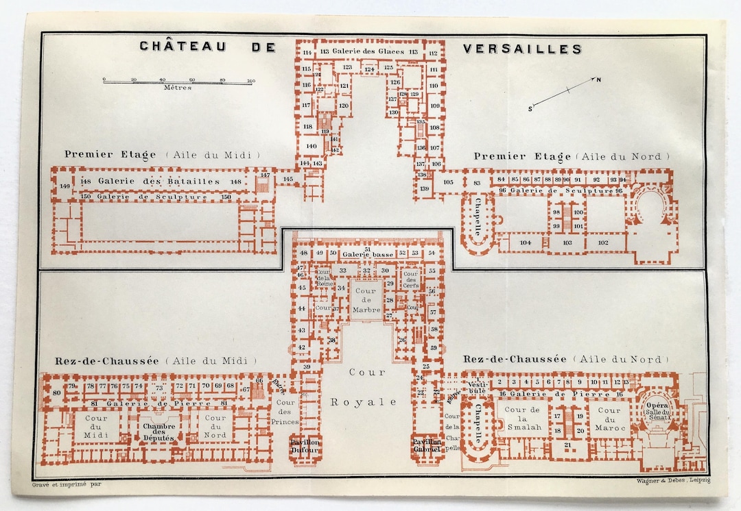 PALACE of VERSAILLES Floor Plan, Paris France 1913 Small Antique Colour ...