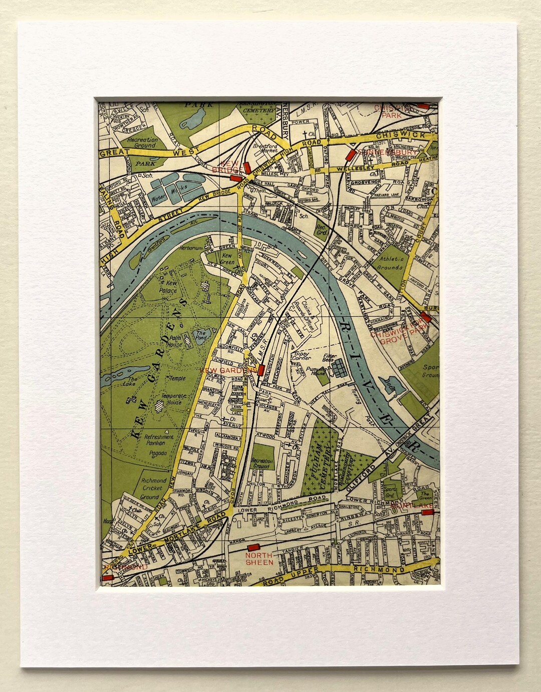 1940s VINTAGE LONDON MAP, South West London, Kew Gardens, Chiswick ...