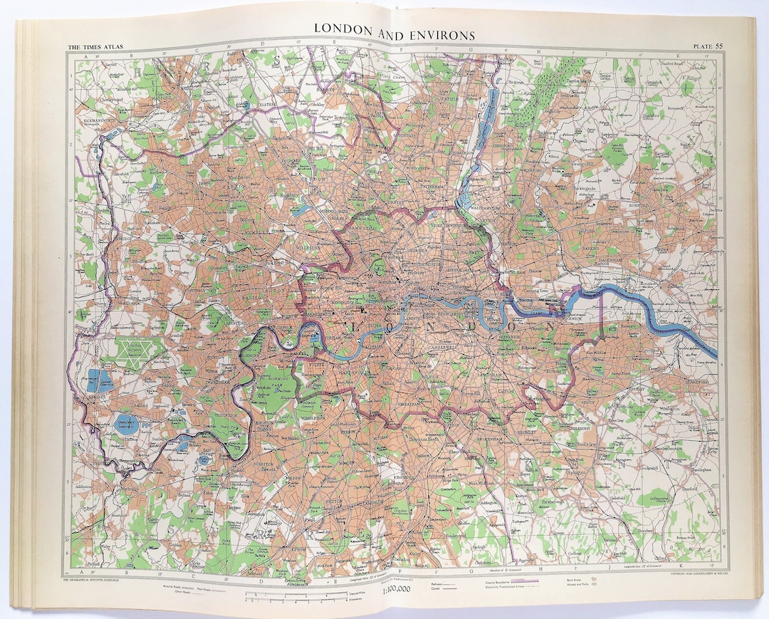 LONDON & Environs 1950s Vintage Map, Greater London, Cold War Era ...