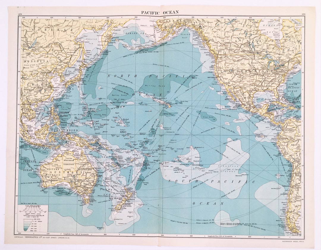 Huge Antique Map : Pacific Ocean, Shipping Routes, Communications, C ...