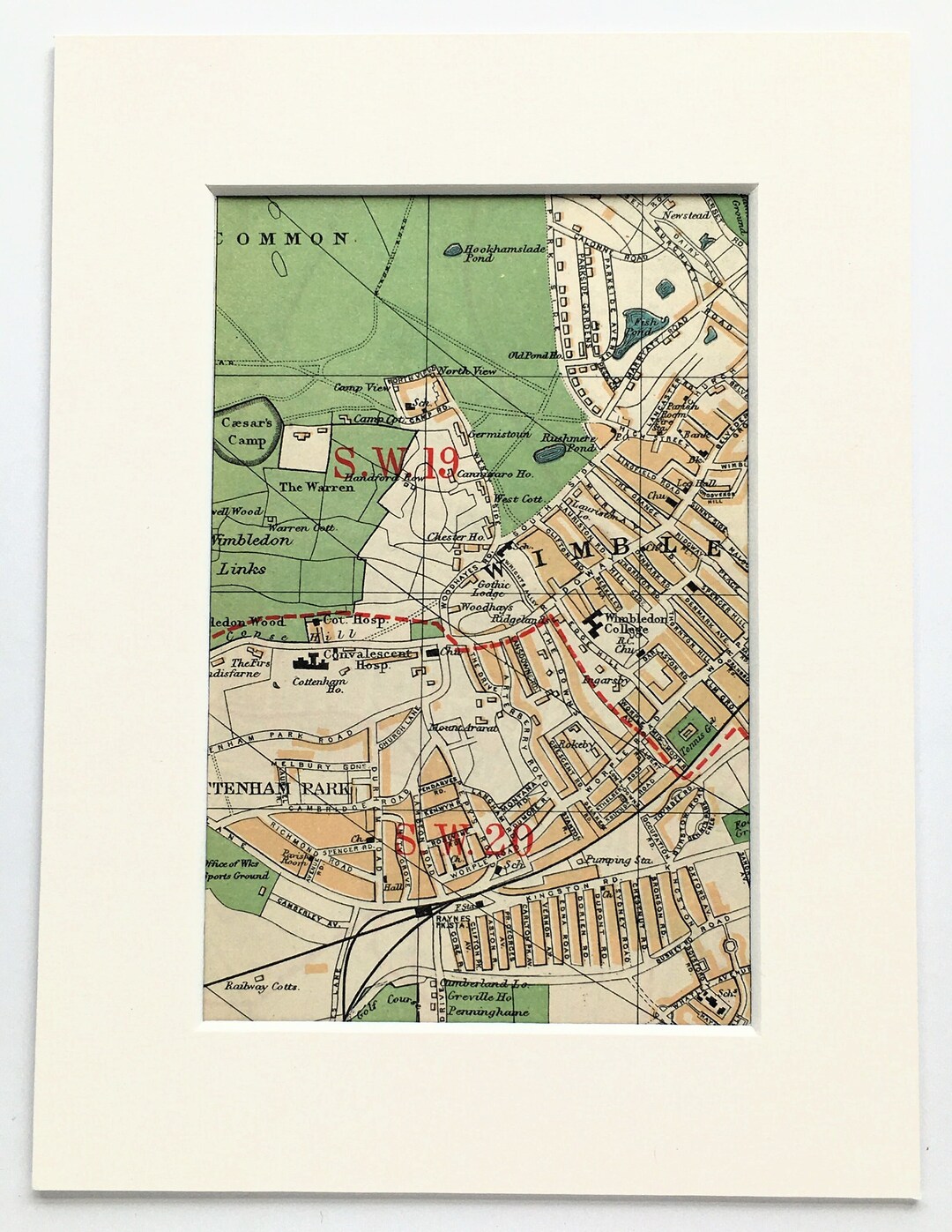 1920s VINTAGE LONDON MAP, South West London, Wimbledon, Cottenham Park ...