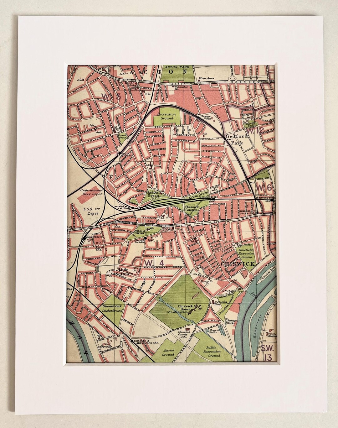1925 Antique LONDON Map, Chiswick, Acton, Bedford Park, Matted/ Mounted ...
