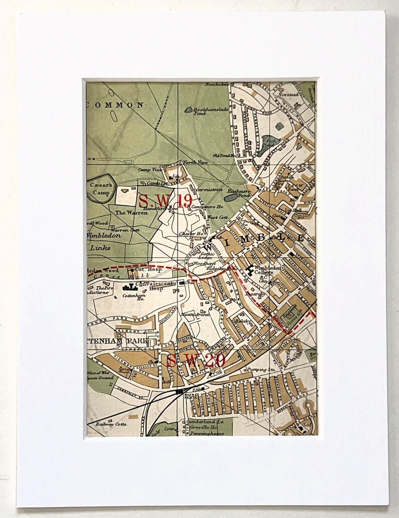 1920s VINTAGE LONDON MAP, South West London, Wimbledon, Cottenham Park ...