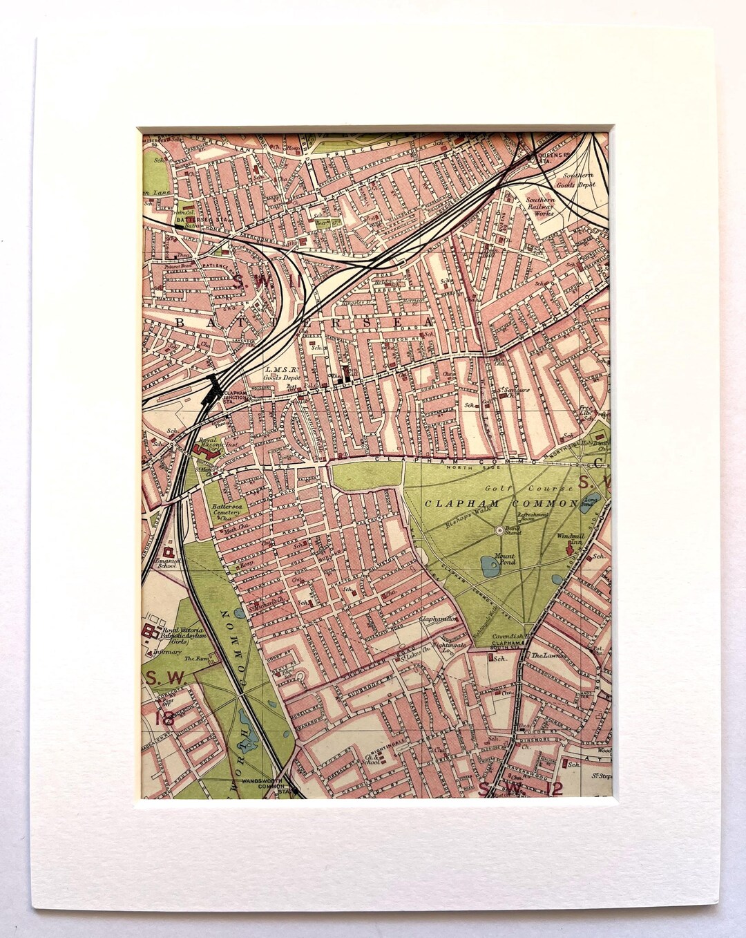 1930 Antique LONDON Map, Battersea, Clapham, Balham, Wandsworth, Matted ...