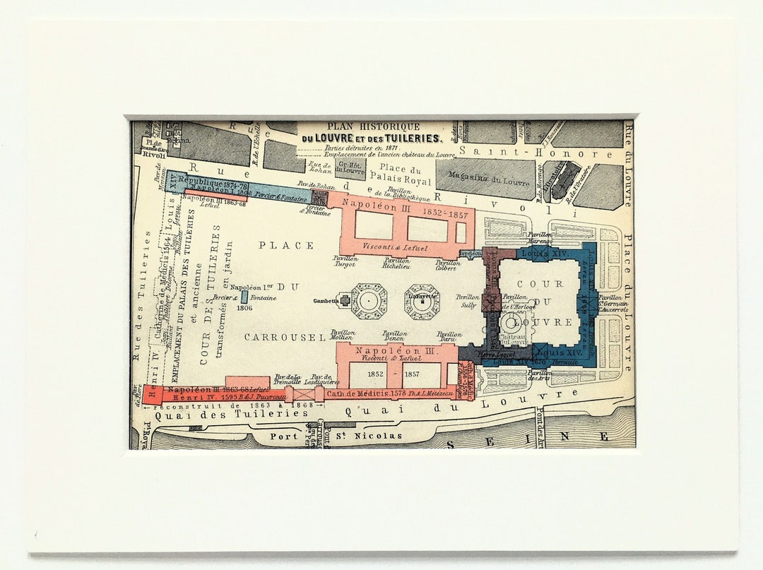 LOUVRE & TUILERIES, PARIS City Plan, France 1910 Very Small Antique ...