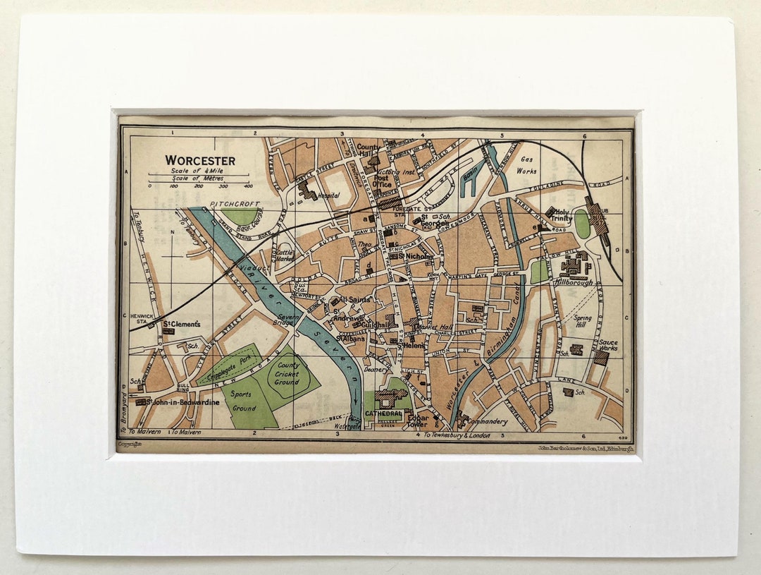 WORCESTER TOWN/ CITY Plan C. 1950 Vintage Map, Matted/ Mounted for ...