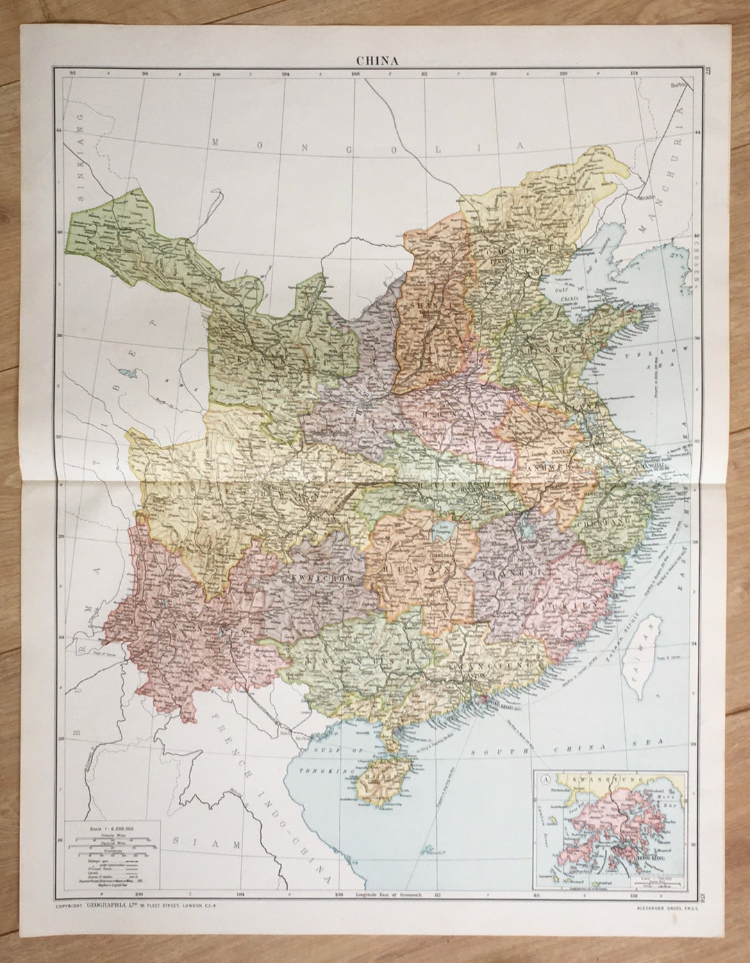 CHINA Huge Antique Map : Chinese Provinces C. 1920. Lovely Colours - Etsy