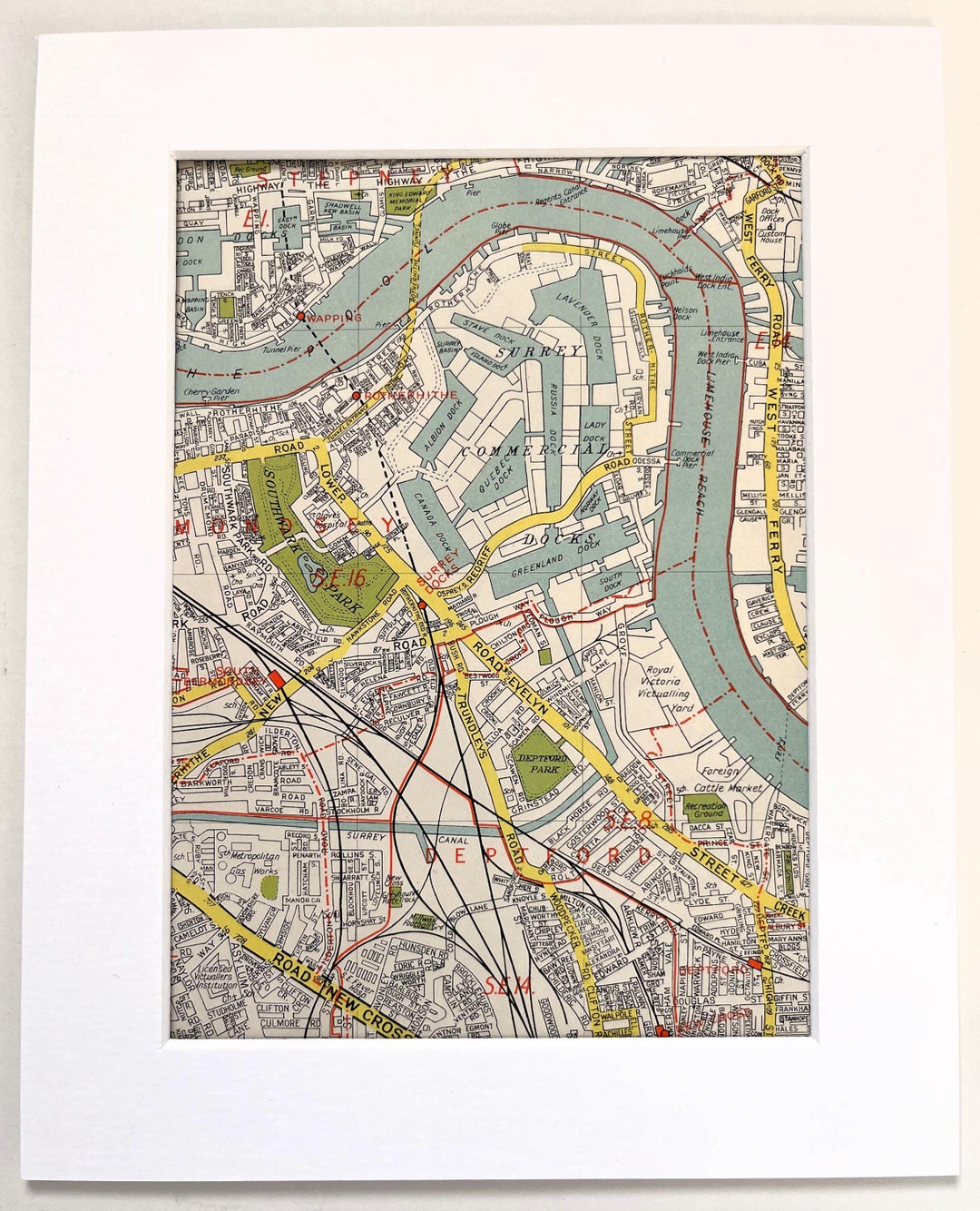 1950s VINTAGE LONDON MAP, South London, Surrey Docks, Rotherhithe ...