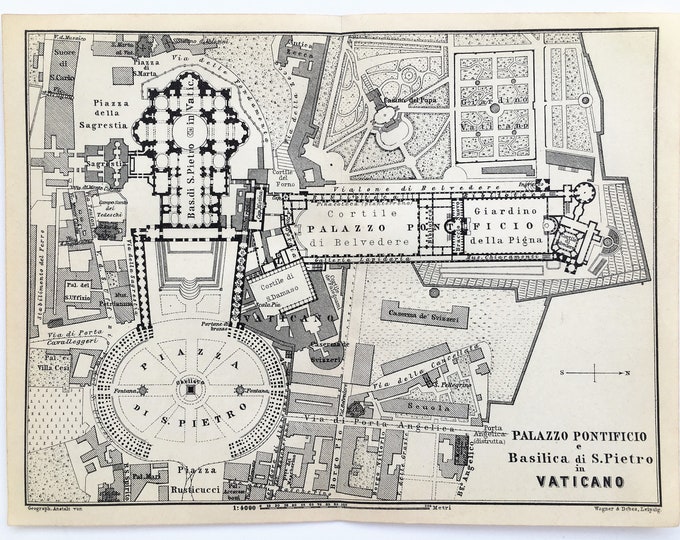 St Peter's Basilica, VATICAN CITY Plan, Italy, 1926 Small Antique Black ...
