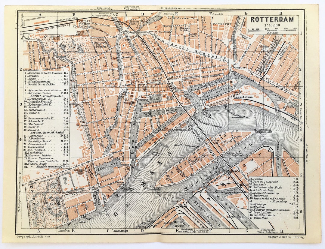 ROTTERDAM City Plan, NETHERLANDS 1910 Small Antique Colour Map - Etsy