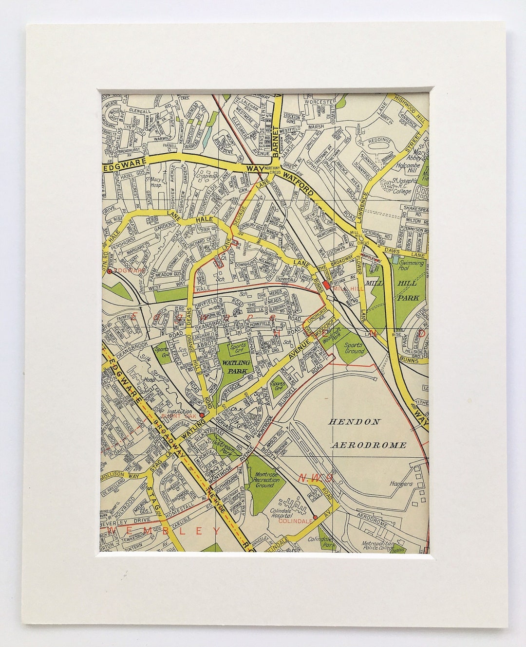 C. 1960 VINTAGE LONDON MAP, North West London, Mill Hill, Burnt Oak ...