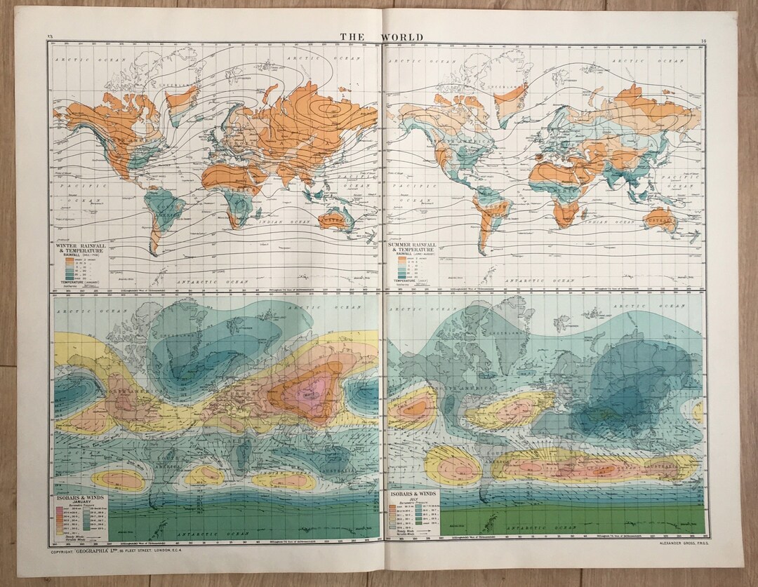WEATHER, RAINFALL PRESSURE, Climate World Map Huge Antique Map, C. 1920 ...