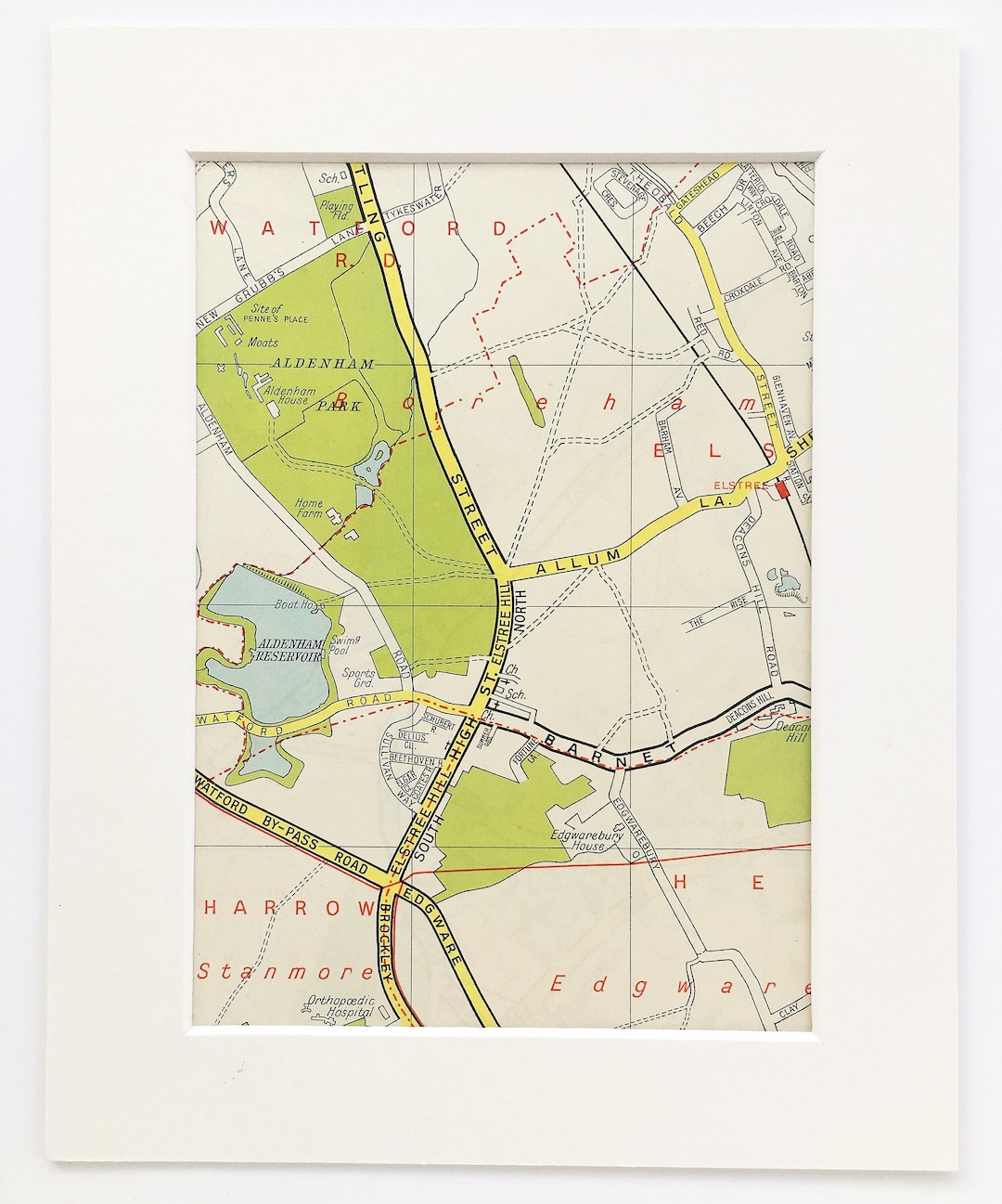 C. 1960 VINTAGE LONDON MAP, North London, Borehamwood, Elstree ...