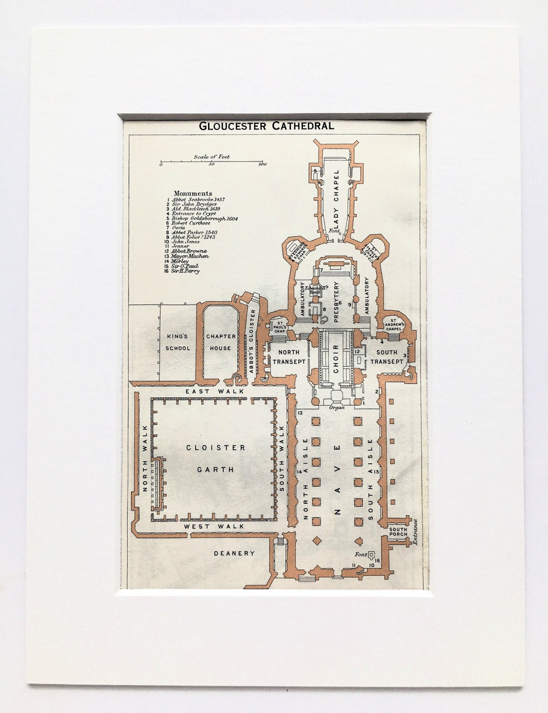 GLOUCESTER CATHEDRAL Floor Plan C. 1950 Vintage Map, Matted/ Mounted ...