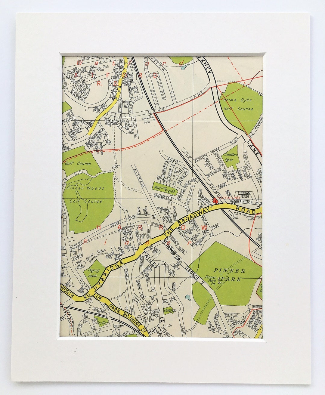 C. 1960 VINTAGE LONDON MAP, North West London, Hatch End, Pinner, South ...
