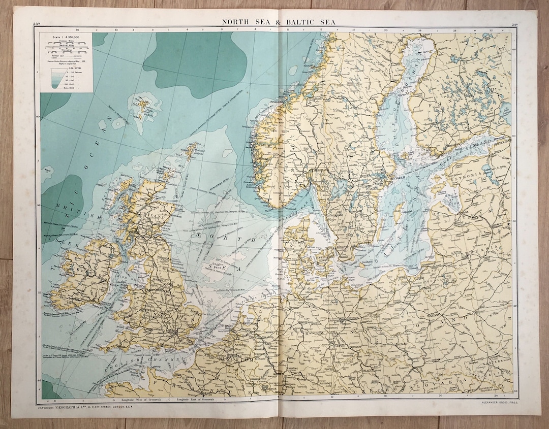NORTH SEA & BALTIC Sea Trade Routes Shipping Huge Antique Map, C. 1920 ...