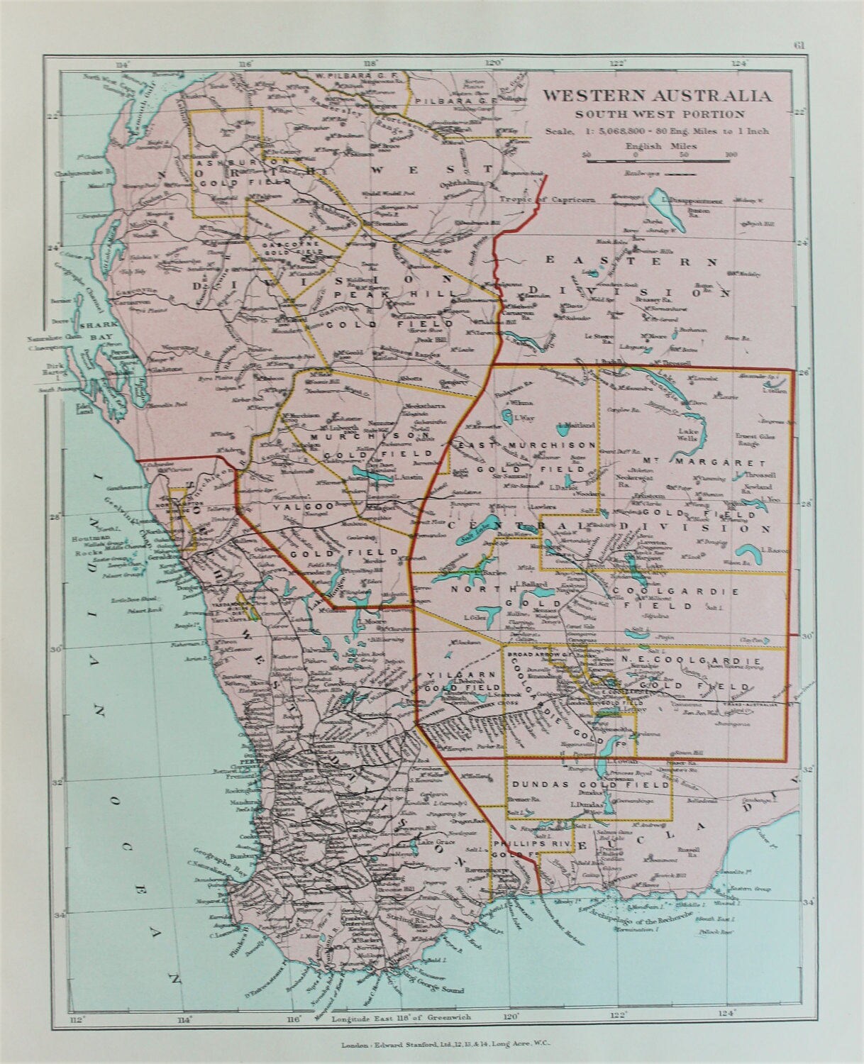 Antique 1920 Colour Map by Edward Stanford Western Australia Pastel ...