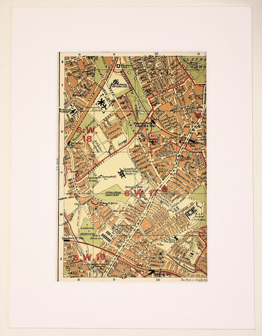 1920s VINTAGE LONDON MAP, South London, Wandsworth, Balham, Streatham ...