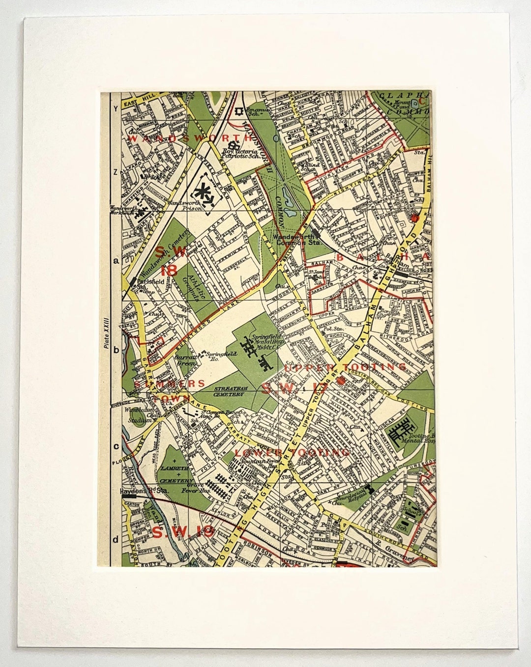 1930s VINTAGE LONDON MAP, South London, Wandsworth, Balham, Tooting ...