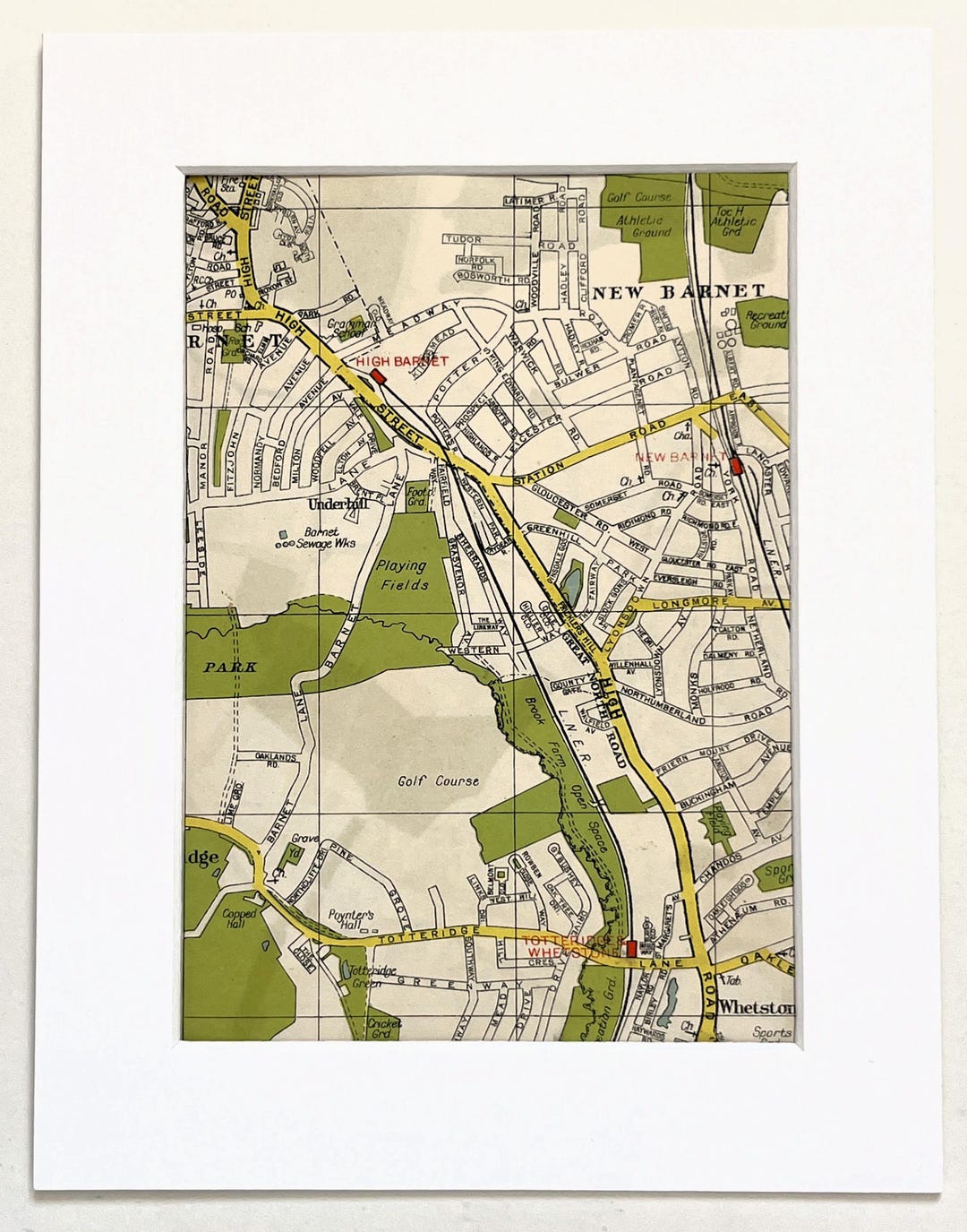 1940s VINTAGE LONDON MAP, North London, Barnet, Whetstone, Matted ...