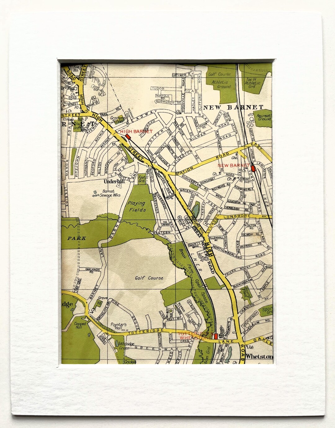 1940s VINTAGE LONDON MAP, North London, Barnet, Whetstone, Matted ...