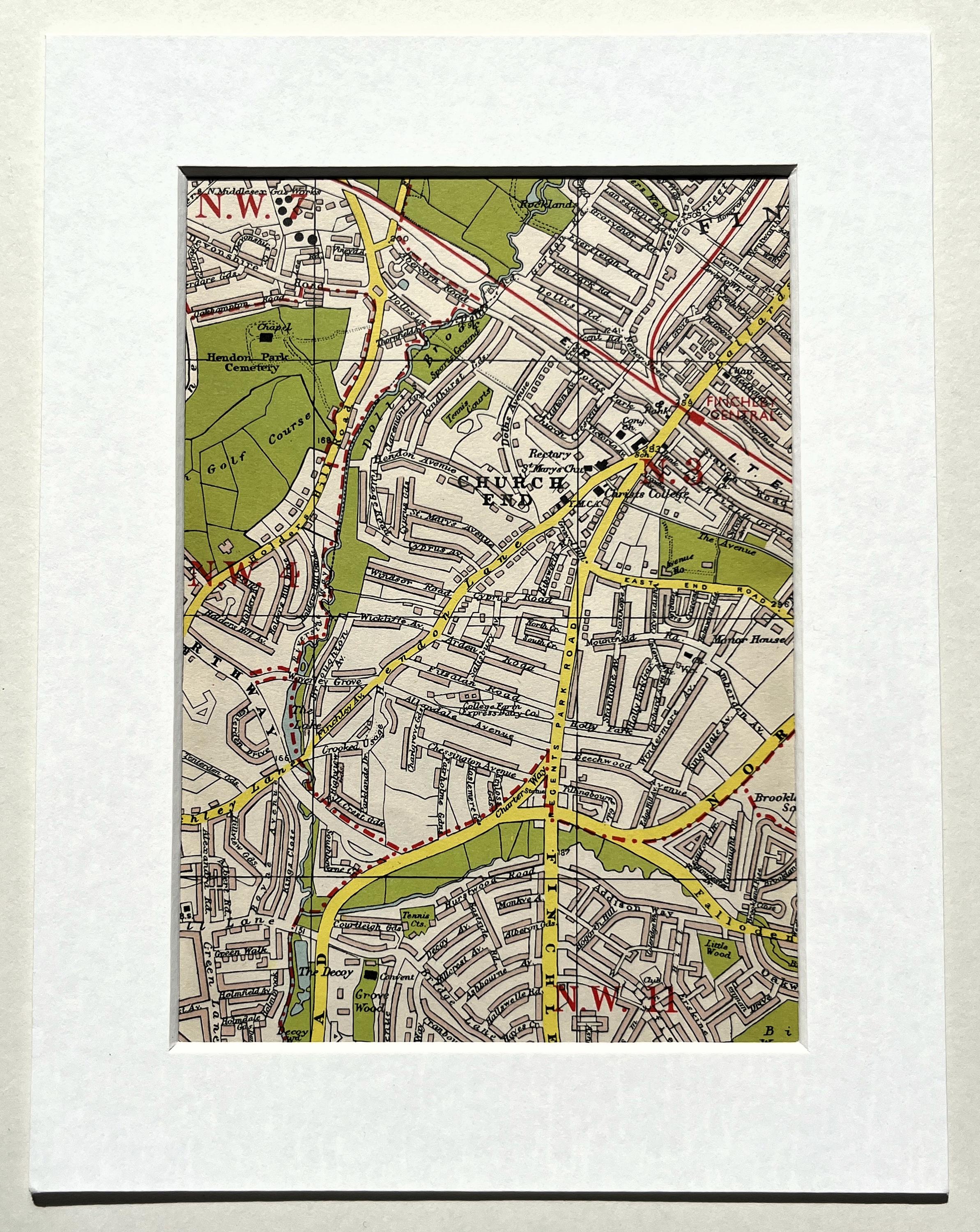 1959 VINTAGE LONDON MAP, North West London, Church End, Finchley ...
