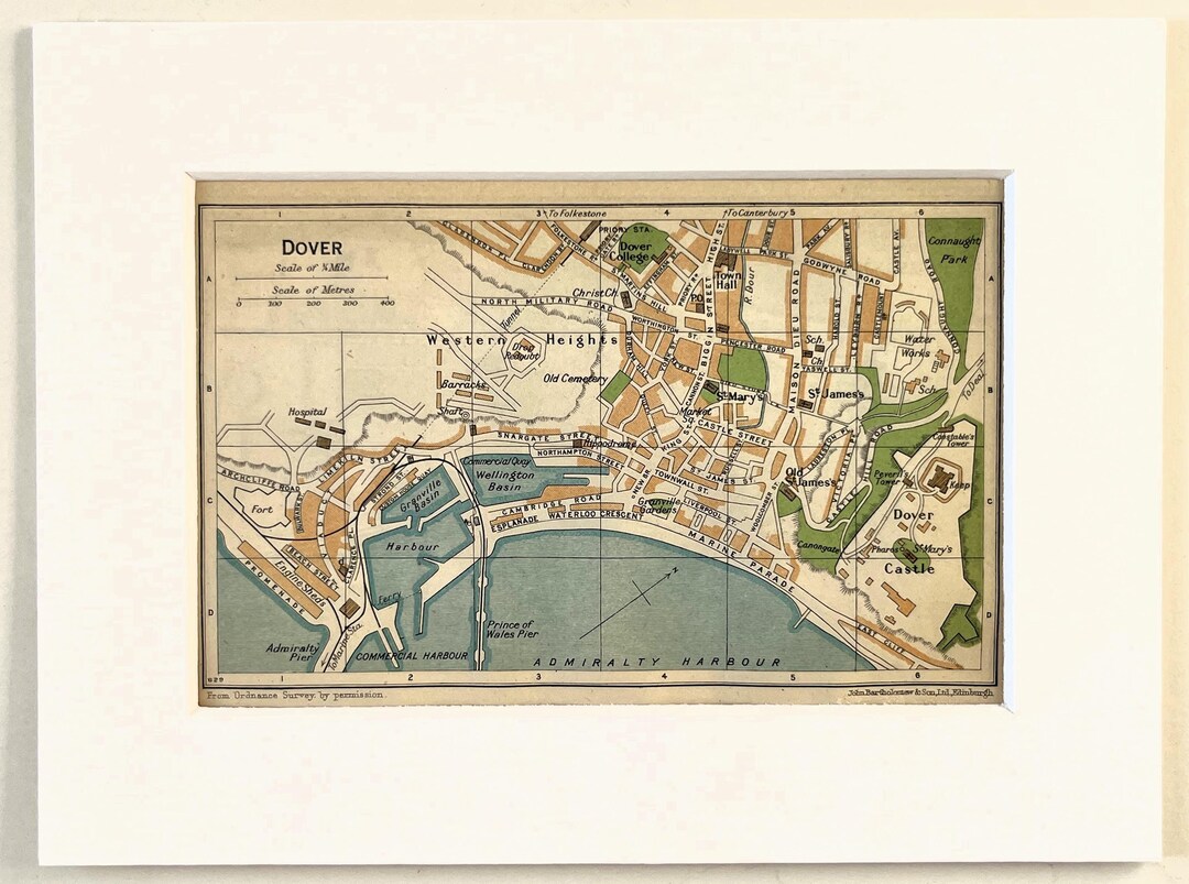 DOVER TOWN/ CITY Plan C. 1950 Vintage Map, Matted/ Mounted for Framing ...