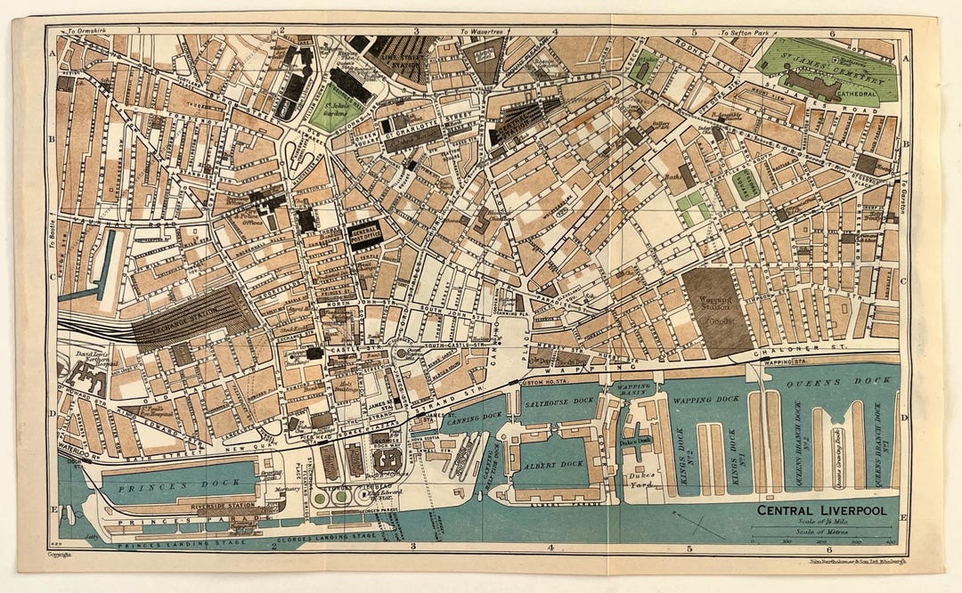 CENTRAL LIVERPOOL CITY Plan 1950 Vintage Colour Map, Pastel Colours - Etsy