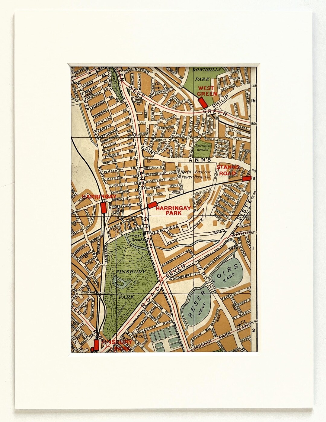1930s VINTAGE LONDON MAP, North London, Finsbury Park, Harringay ...