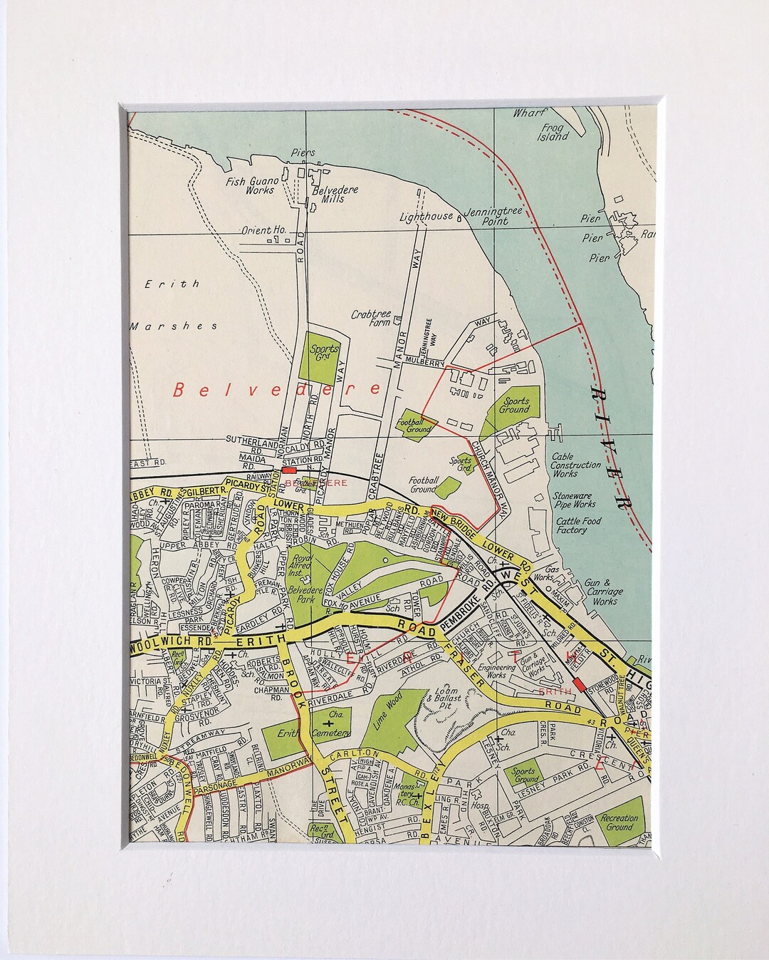 C. 1960 VINTAGE LONDON MAP, East London, Belvedere, Erith, Matted ...