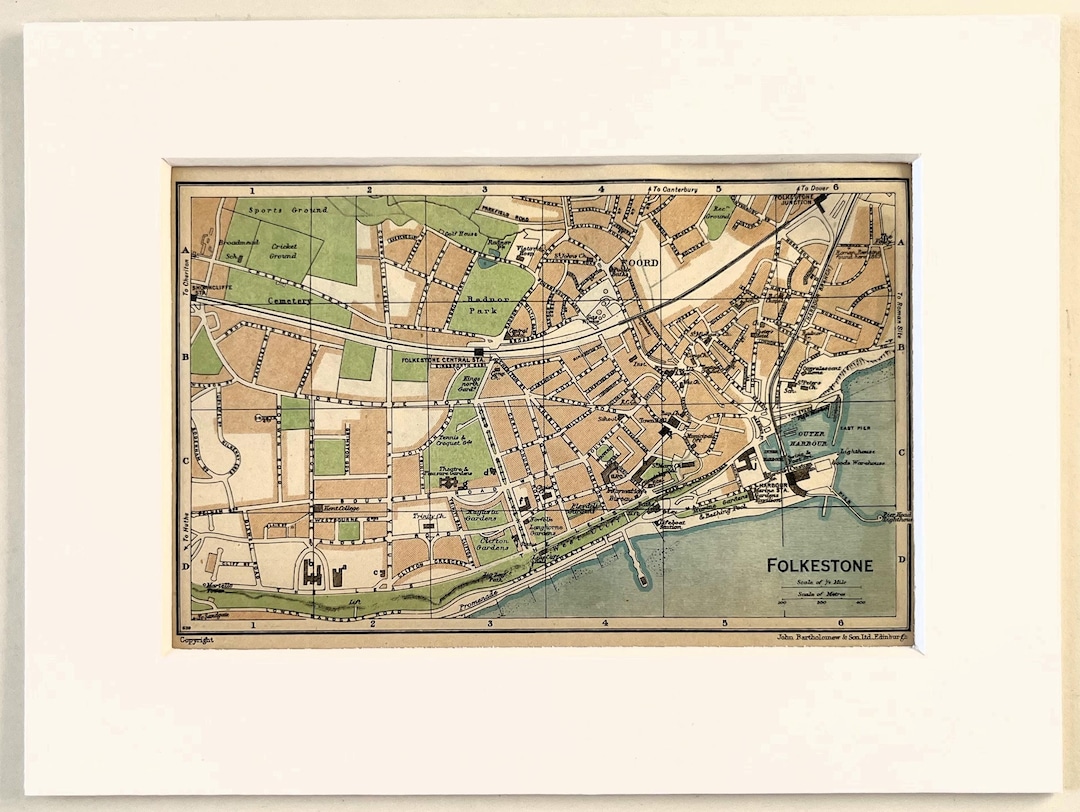 FOLKESTONE TOWN/ CITY Plan C. 1950 Vintage Map, Matted/ Mounted for ...