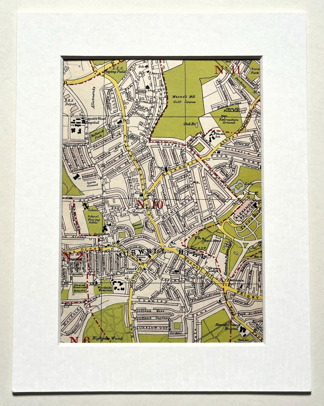 1959 VINTAGE LONDON MAP, North West London, Muswell Hill, Alexandra ...