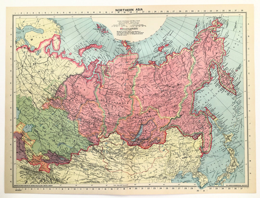 NORTHERN ASIA 1940 Vintage Wartime Map, Russia, Siberia, Philips ...