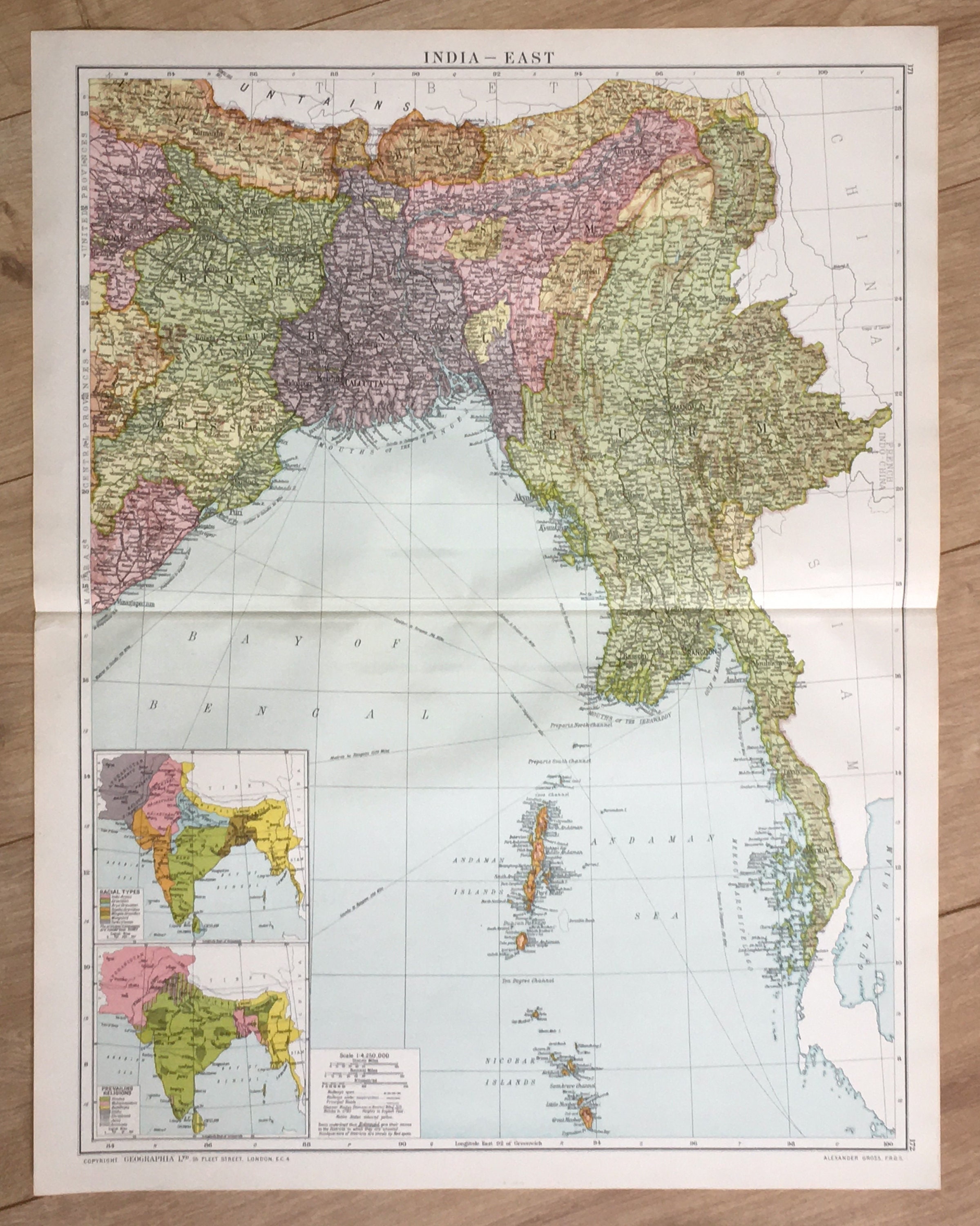 EASTERN INDIA Huge Antique Map: Nepal, Bhutan, Burma, Bangladesh, C ...