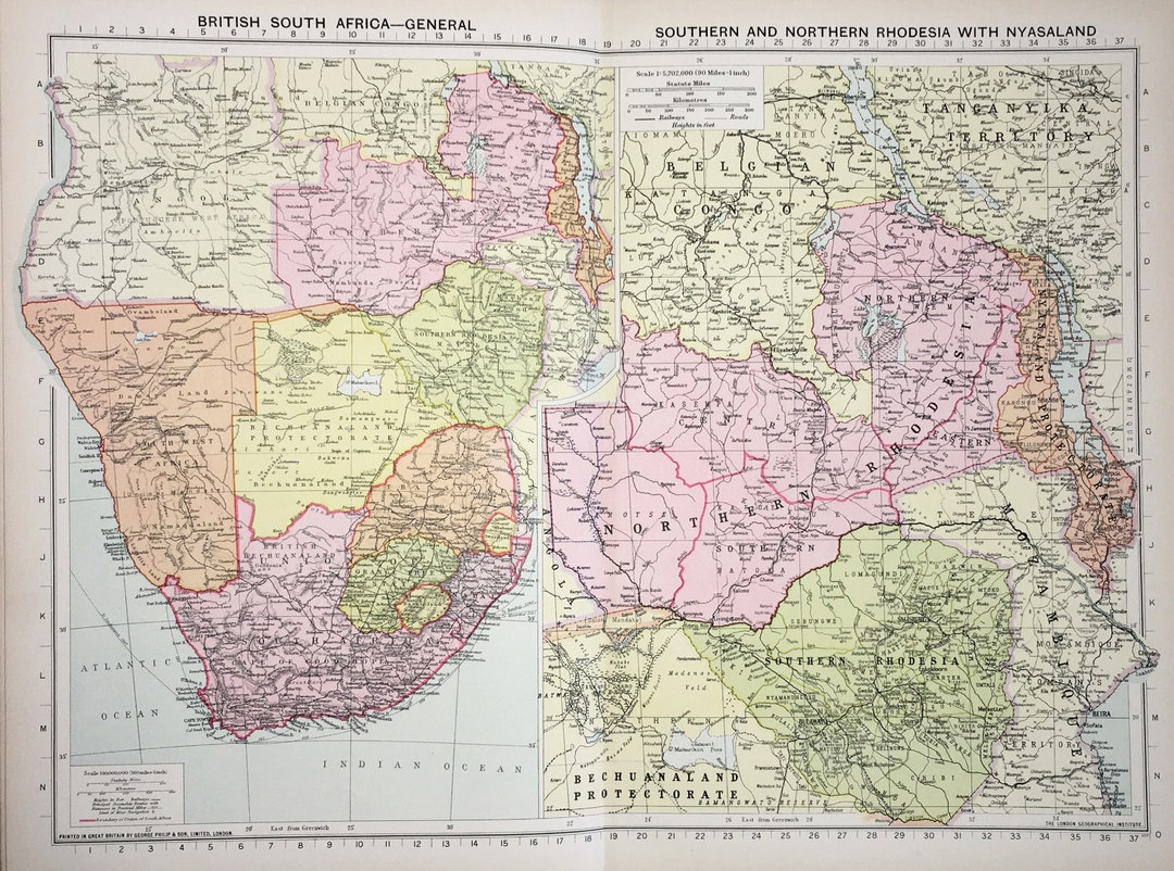 BRITISH SOUTH AFRICA 1937 Vintage Map, Nyasaland Etc by Philips. Lovely ...