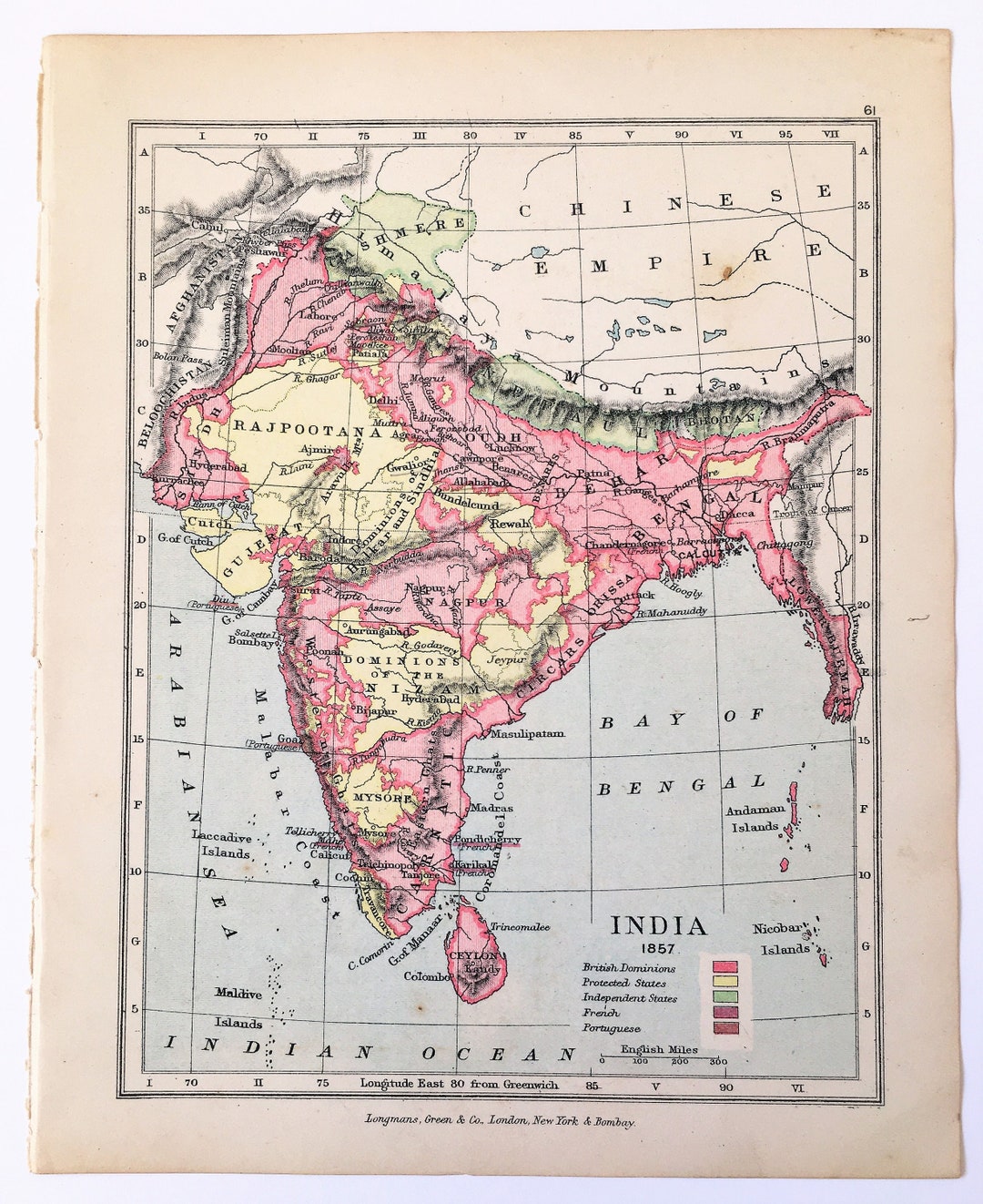 INDIA in 1857, 19th Century, C. 1900 Small Antique Colour Map - Etsy