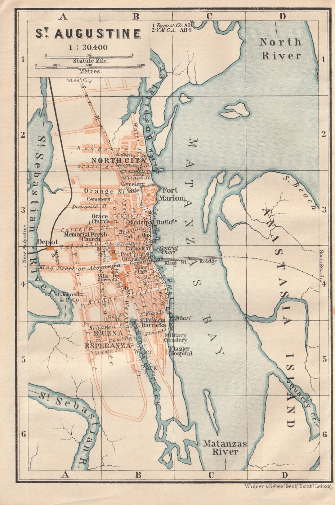 ST AUGUSTINE City Plan, FLORIDA, 1909 Small Antique Colour Map, United ...