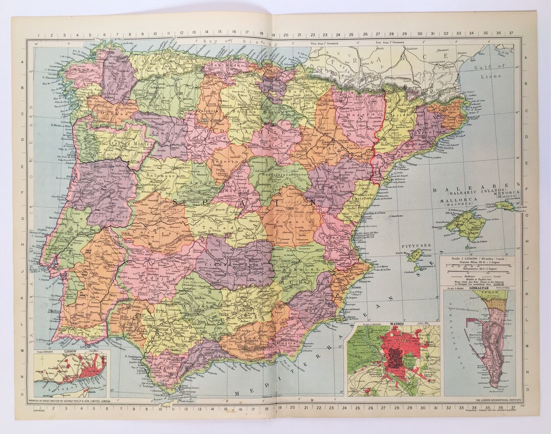 1945 Vintage Wartime Map of Spain & Portugal Philips. Lovely - Etsy