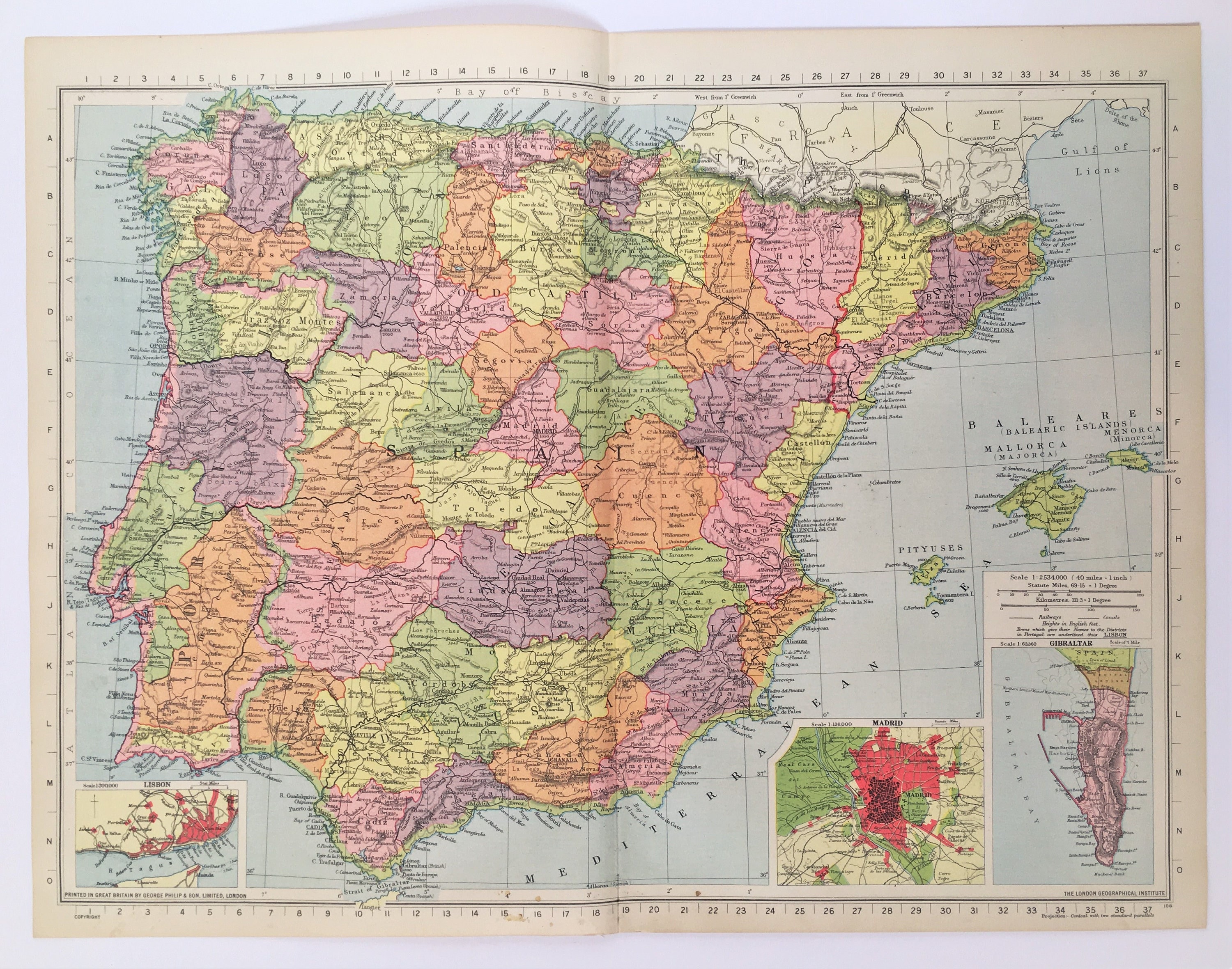 1945 Vintage Wartime Map of Spain & Portugal, Philips. Lovely Pastel ...