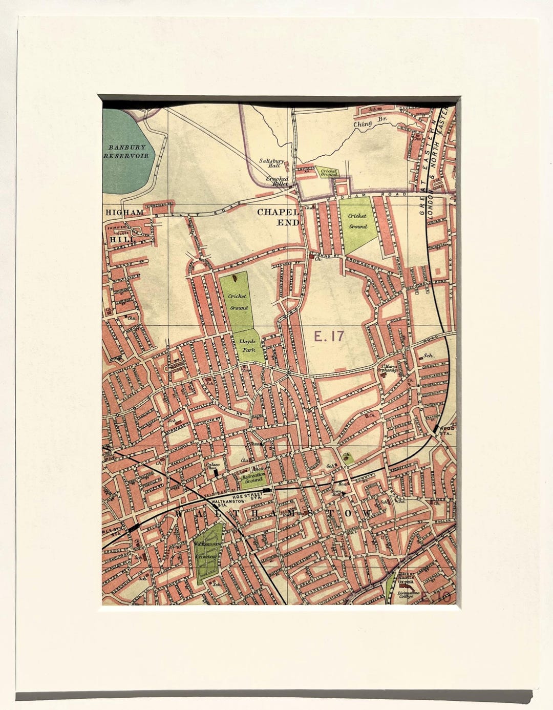 1925 Antique LONDON Map, Walthamstow, Chapel End, Higham Hill, Matted ...