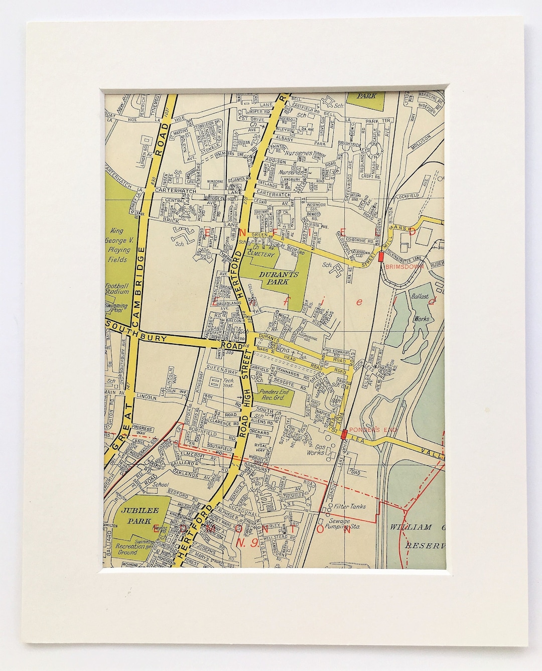 C. 1960 VINTAGE LONDON MAP, North London, Ponders End, Brimsdown ...