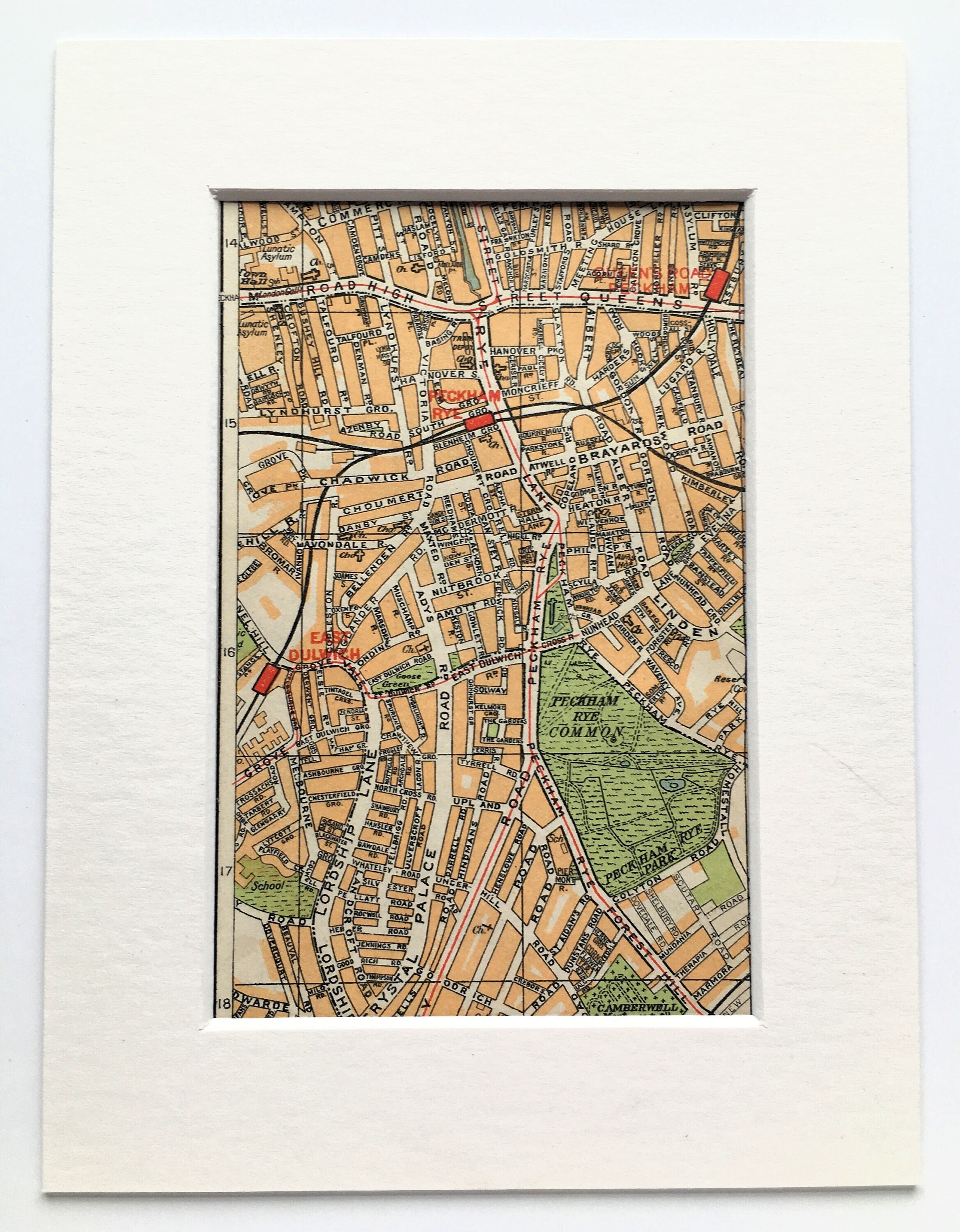 1930s VINTAGE LONDON MAP, South East London, East Dulwich, Peckham Rye ...