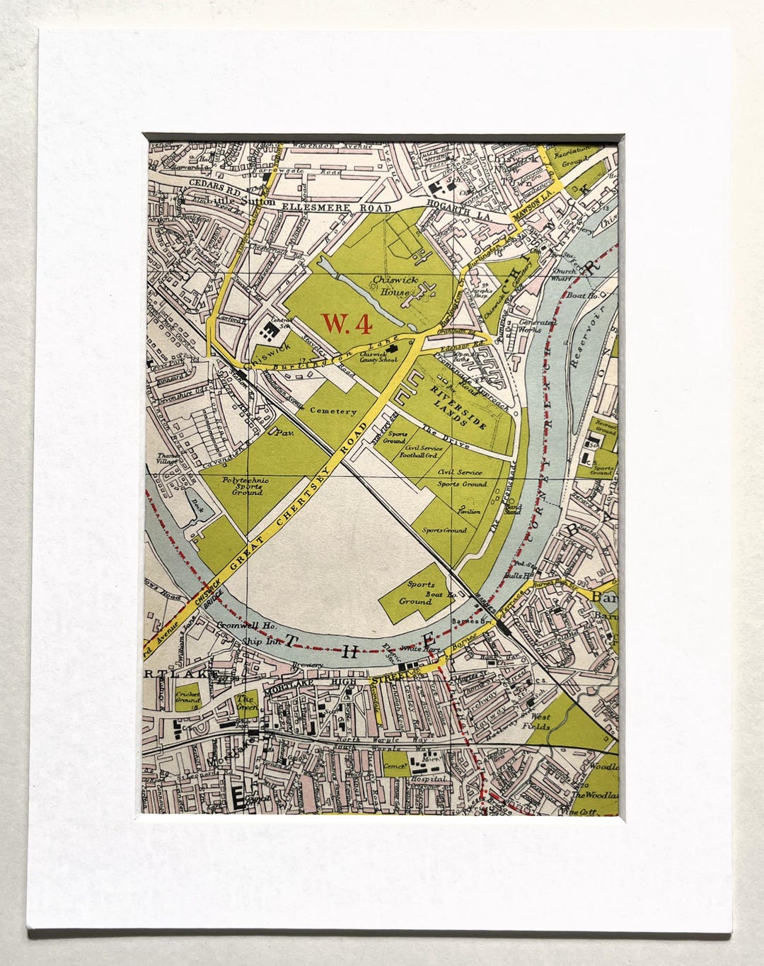 1959 VINTAGE LONDON MAP, West London, Chiswick, Mortlake, Barnes ...