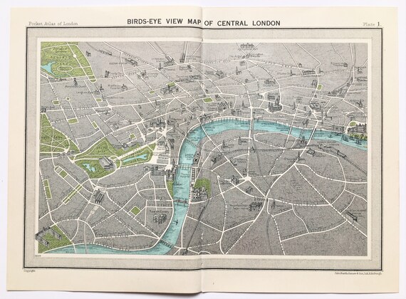 1929 Antique London Map Bird's Eye View of Central | Etsy