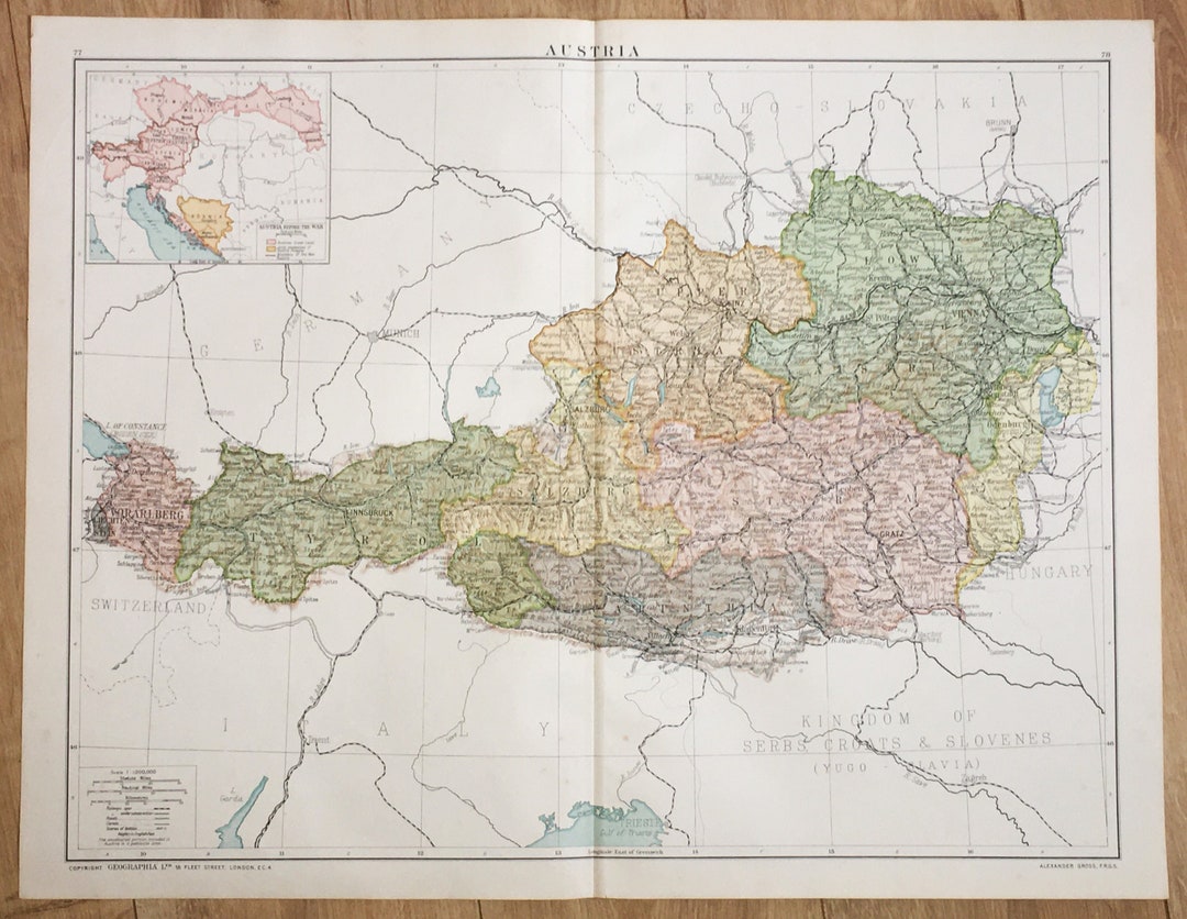 AUSTRIA Huge Antique Map, C. 1920. Lovely Colours - Etsy