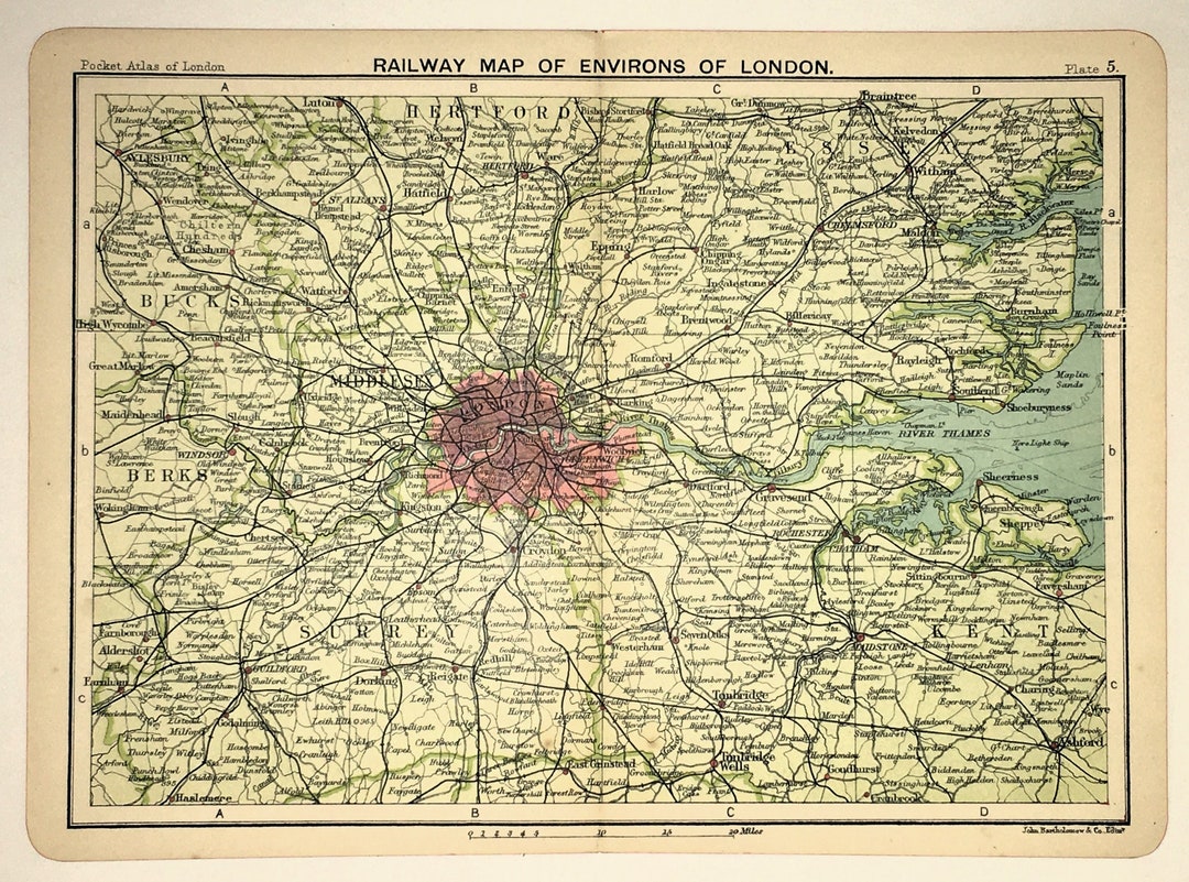1920 Antique London Map, London & South East England Railways, Small ...