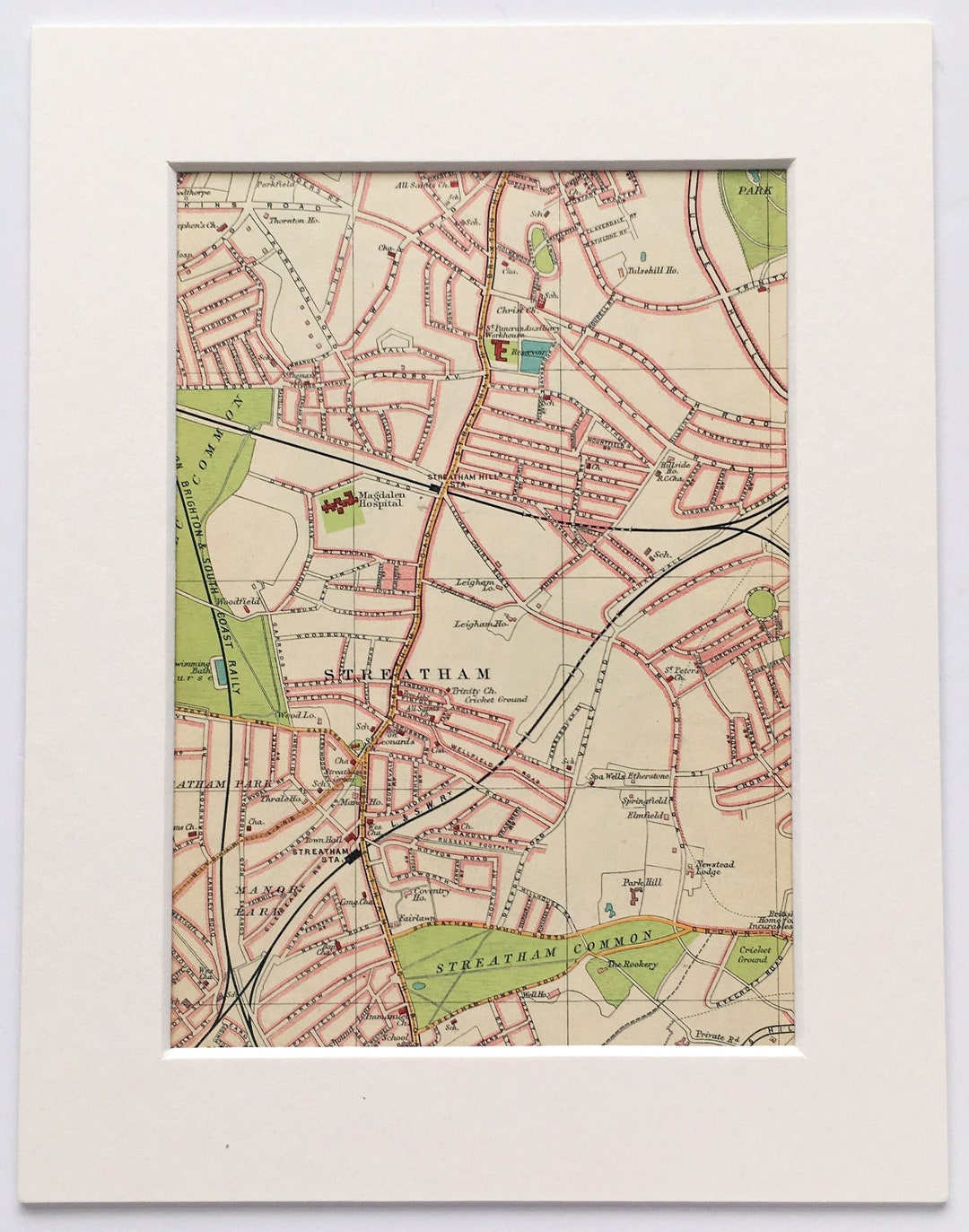 1917 Antique LONDON Map, Streatham, Tooting, Tulse Hill, Matted ...