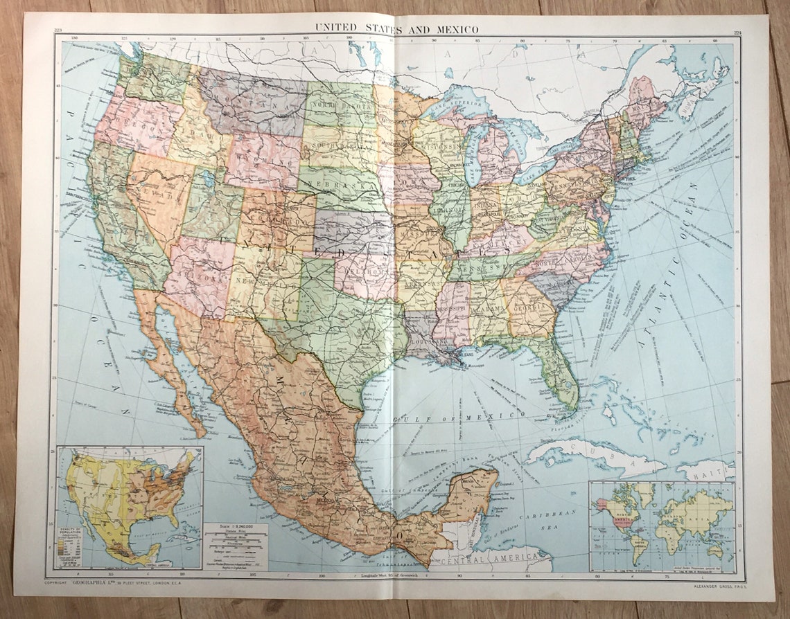 UNITED STATES Polital Huge Antique Map, USA, Mexico Political Map C ...