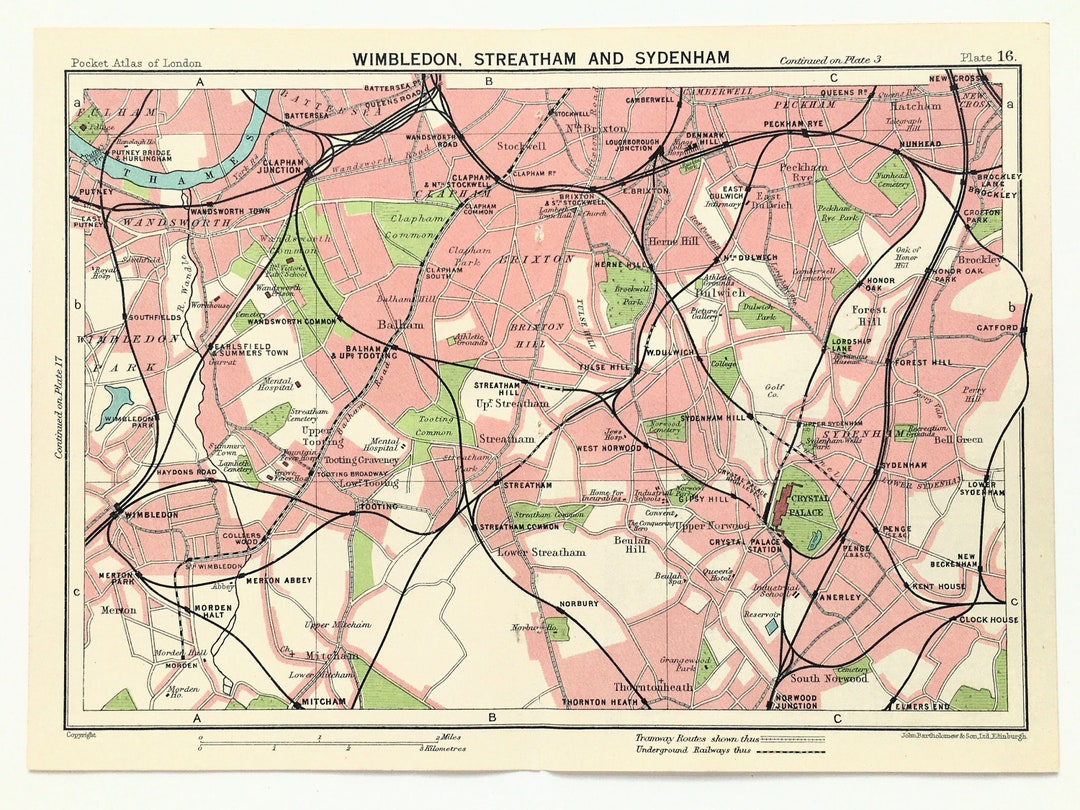 1929 Antique London Map, Wimbledon, Streatham, Sydenham, Small Folding ...